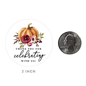 Andaz Press Fall Burgundy Marsala Baby Shower, Round Circle Label Stickers, Thank You For Celebrating With Us, Marsala Pumpkin Floral 40-Pack Fall Thank You Stickers Fall Baby Shower Favors For Guests