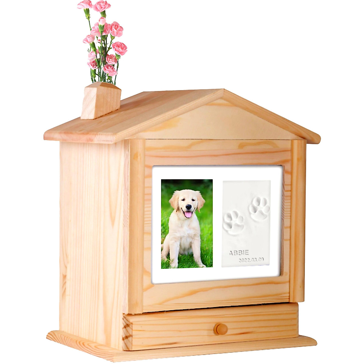 MonJolly Pet Urn, Wood Cremation Box with Photo Frame and Pawprint Clay for Personalized Urns. Memorial Keepsake for Ashes of Dogs, Cats, Small Animals. Bag for Ashes Included. Pet Memorial Gift.