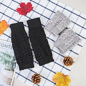 Loritta Womens Fingerless Gloves Winter Warm Knit Crochet Thumbhole Arm Warmers,B1- Black+light Gray(2 Pairs)