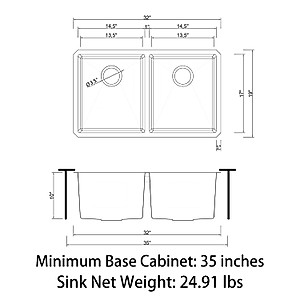 Sinber 32" x 19" x 10" Undermount Double Bowl Kitchen Sink with 18 Gauge 304 Stainless Steel Satin Finish HU3219D (Sink Only)