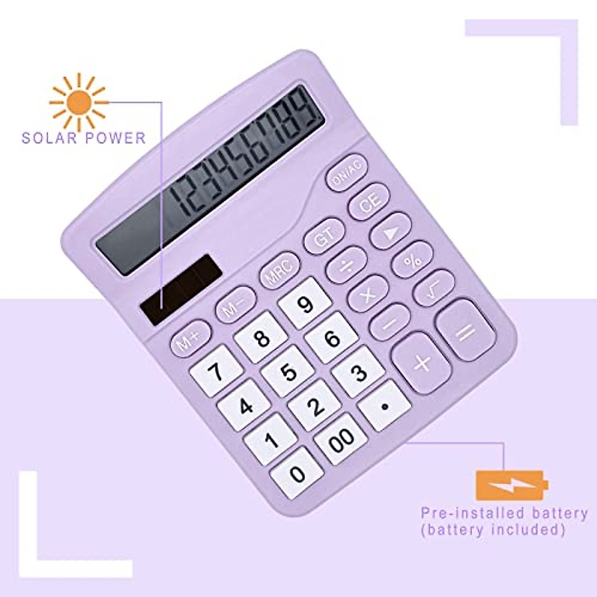 YOUHO Calculator, 12-bit Solar Battery Dual Power Standard Function Electronic Calculator with Large LCD Display Office Calculator Purple