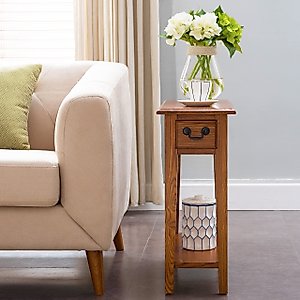 Leick Home 9017-MED One Drawer Narrow Side Table with Shelf, Hand Applied Rustic Oak Finish 10 in x 24 in x 24 in