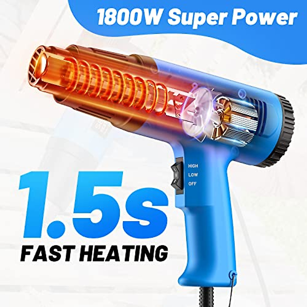 SEEKONE Heat Gun, 1800W Heavy Duty Hot Air Gun Kit with 572℉&1112℉ Dual-Temperature Settings and 4 Nozzles for Shrinking PVC,Stripping Paint, Crafts