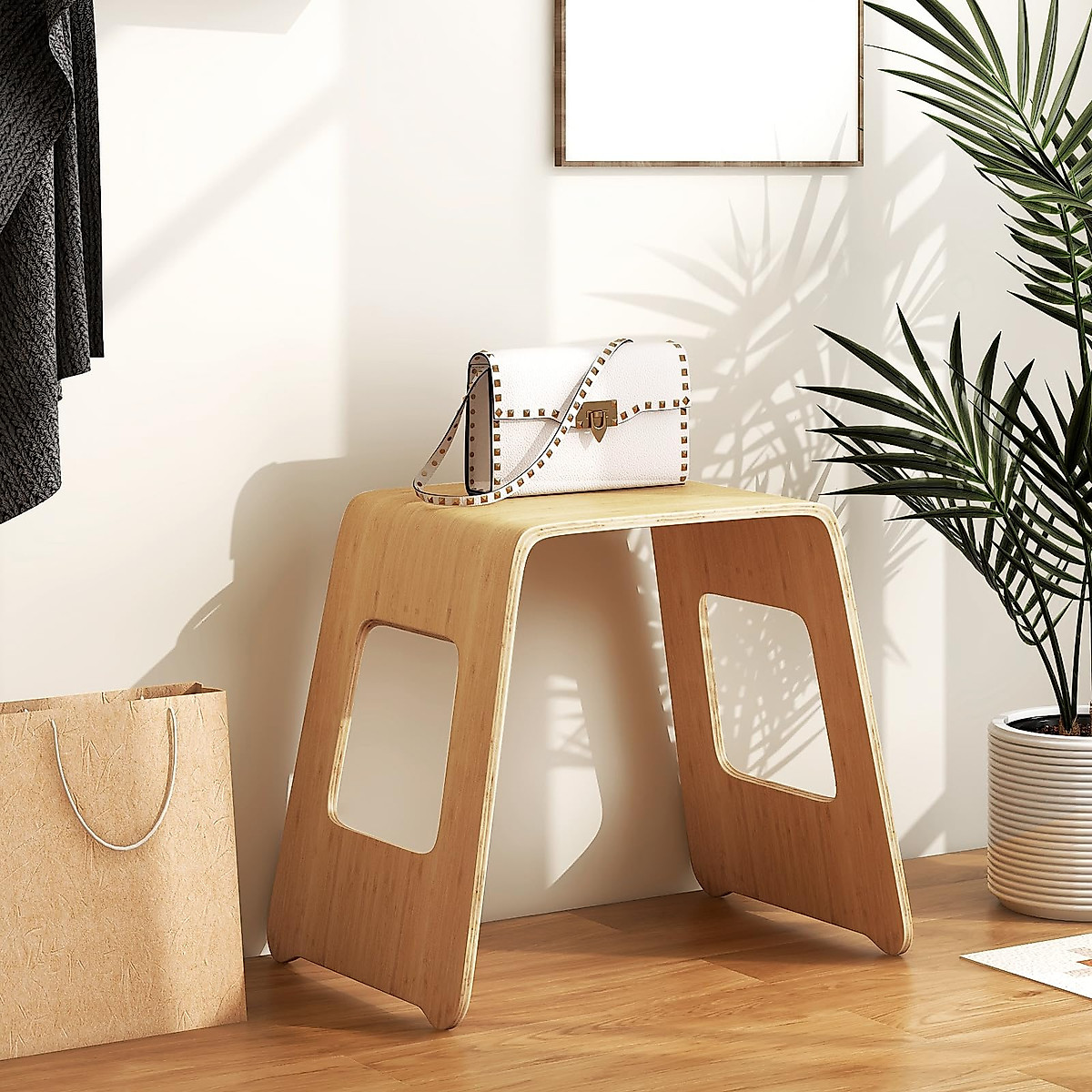 GOFLAME Stackable Bamboo Stools Set of 4, Leisure Seat Stools with Anti-Slip Foot Pads, Heavy Duty Home Shoe Changing Stool, Multifunctional Wooden Step Stool for Living Room, Entryway, Dining Room