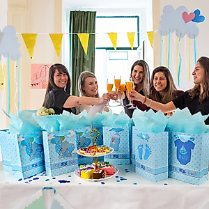 Dragonfy 16 PCS Baby Shower Bags for Boys - Medium Paper Gift Bags with Gift Wrapping Paper, Baby Shower Party Favors for Guests Baby Birthday Treat Bags(It’s a Boy!), blue