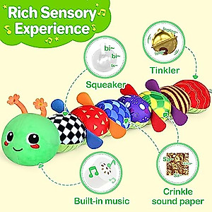 KMUYSL Baby Toys 0 to 12 Months, Musical Stuffed Animal Toys for 0-3-6-12 Months, Soft Sensory Toys with Crinkle and Rattles, Infant Tummy Time Toys for Newborn Boys Girls, Caterpillar, Green