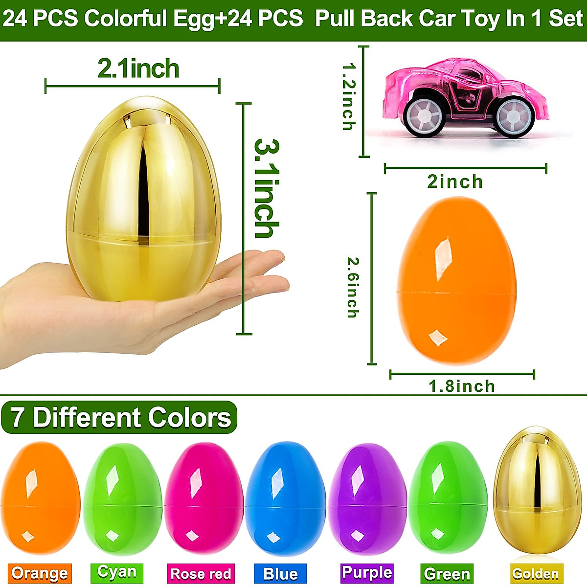 [ 1 Golden Egg ] 24 Pack Filled Easter Eggs with Pull Back Cars Toys Inside 24 Styles Vehicle Plastic Surprise Eggs for Kids Toddlers Easter Basket Stuffers Fillers Easter Eggs Hunt Party Favor Gift