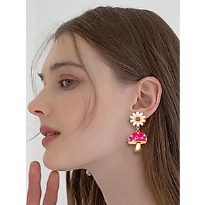 Daisy Stud Earrings Cute Mushroom Cubic Zirconia Pendant Earrings Metal Dangle Earrings for Women Jewelry Gifts