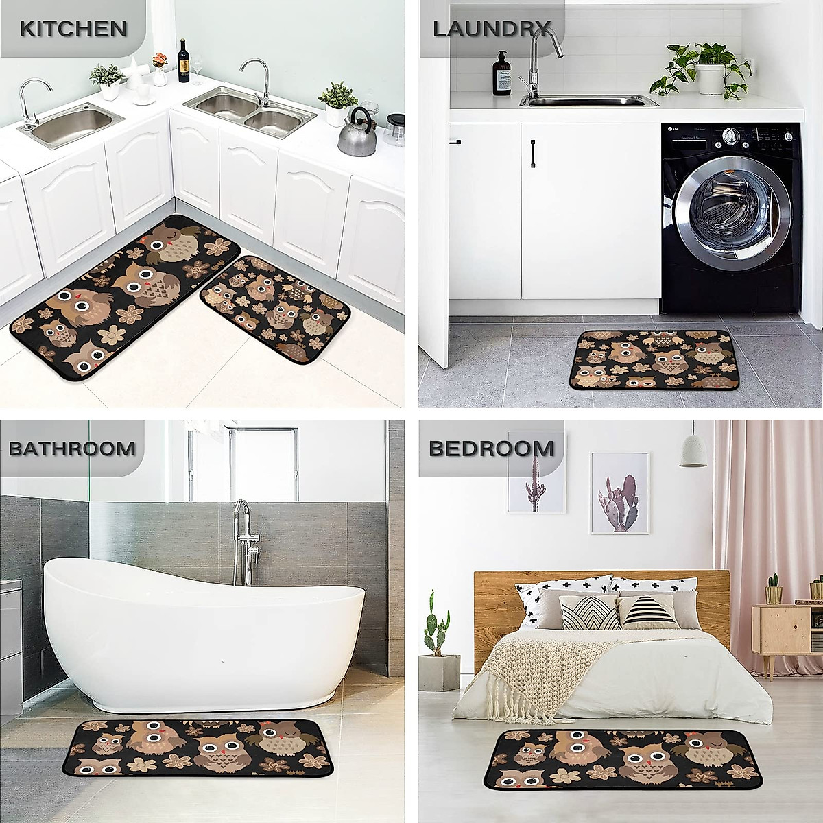Kigai Kitchen Rugs 2 Piece Waterproof Non Slip Kitchen Mat Cute Owl Kitchen Rug Set for Sink Office Kitchen Cafe, 19.7"x47.2"+19.7"x27.6"