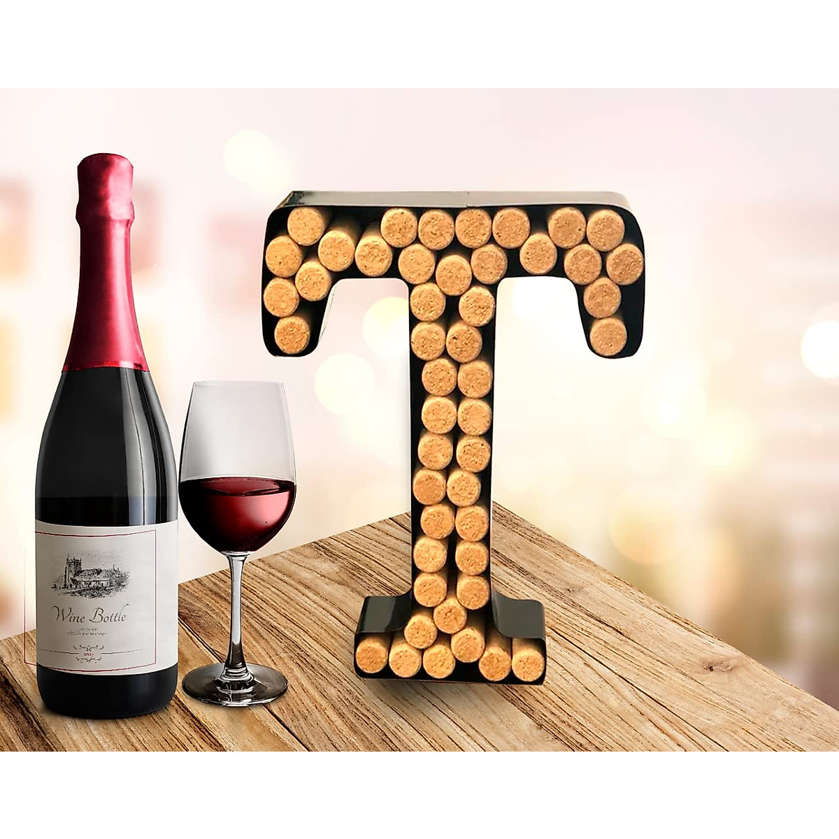 Premium Metal Letter Wine Cork Holder Is A Perfect Bar Decor Made of Durable Metal and A Glossy Black Finish With Rounded Edges , This Bar Cart Accessories Is Easy To Hang , Letter T (9,7”x 2”x 12,2”)