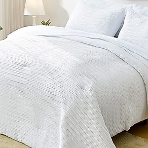 Newspin Queen Bed in a Bag - White Waffle Bedding Comforter Set for All Seasons, 7 Pieces Down Alternative Comforter Set with Comforter, Pillowcases, Flat Sheet, Fitted Sheet, Pillow Shams