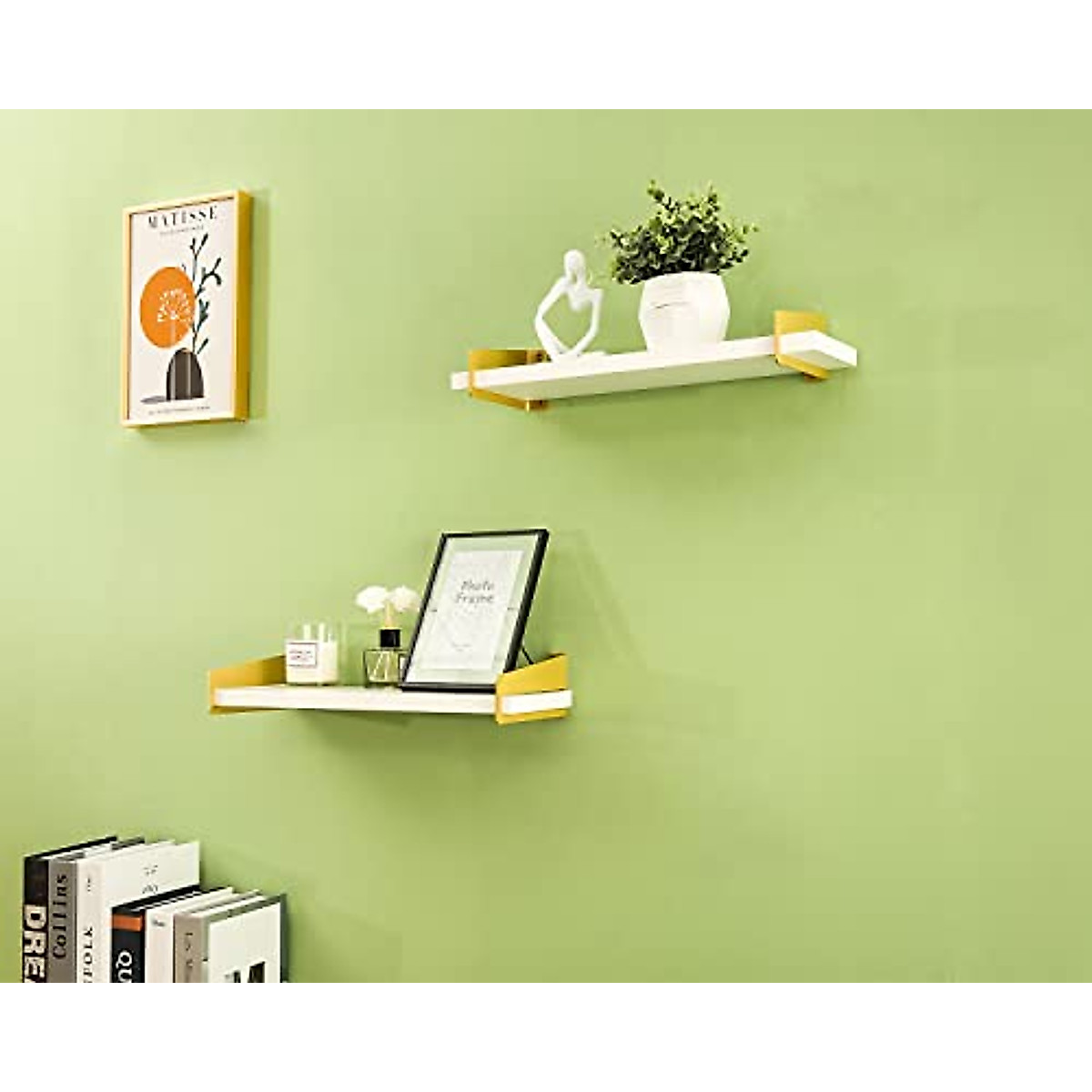 Firsttry Floating Shelves ,Gold Metal Brackets White Rustic Wood Wall Storage Shelf , Photo Display Ledges,for Bathroom, Living Room, Bedroom, Kitchen, Office, Bookshelf。