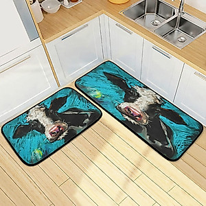Kitchen Rugs and Mats 2 Pieces Farm Dairy Cow Blue Anti Fatigue Kitchen Rug Set Non Slip Bath Mat Entry Floor Carpet Entrance Door Mat Runner 20"x28"+20"x47" 20"x28"+20"x47"