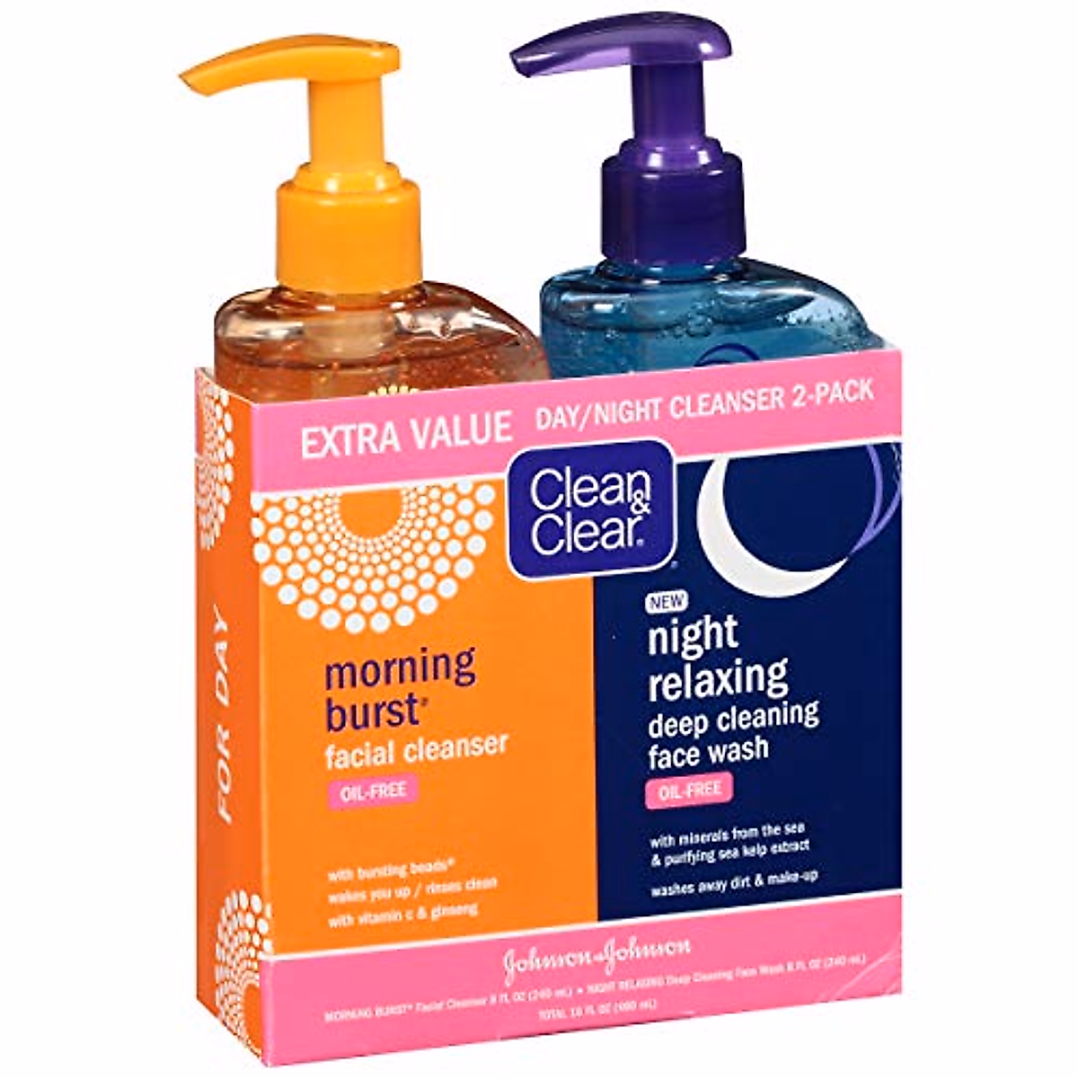 Clean & Clear 2-Pack Day and Night Face Cleanser Citrus Morning Burst Facial Cleanser with Vitamin C and Cucumber, Relaxing Night Facial Cleanser with Sea Minerals, Oil No & Hypoallergenic Face Wash