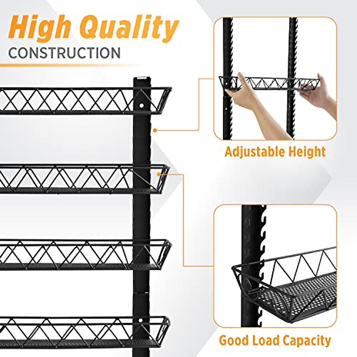 Spice Rack Wall Mount, 9 Tier Adjustable Spice Rack, Spice Organizer, Pantry Door Organizer, Heavy Duty/Easy to Assemble Space Saving Hanging Spice Seasoning Rack Organizer for Kitchen Cabinet