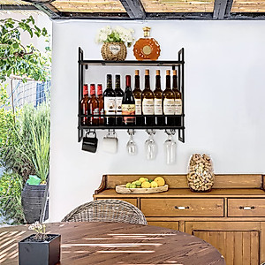 Hadulcet Wine Bottle Stemware Glass Rack, Industrial 2-Tier Wood Shelf, Wall Mounted Wine Racks with 5 Stem Glass Holders for Wine Glasses, Flutes, Mugs, and 2 Metal Basket for Storage, Rustic Brown…