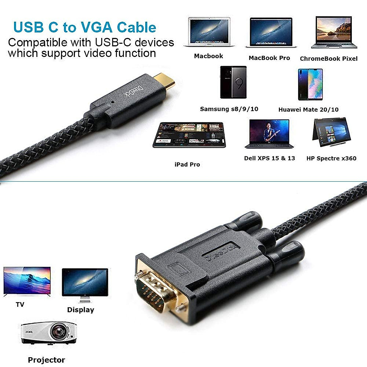 DteeDck USB C to VGA Cable 6 ft, USB Type C (Thunderbolt 3) to VGA Cable Sturdy Braided for USB 3.1 Devices-Compatible with MacBook Pro, iPad Pro Galaxy S10/S9/S8, Surface Book 2, Dell XPS, HP Etc