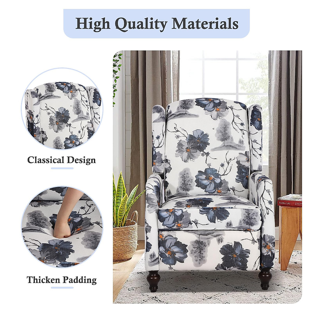B BAIJIAWEI Wingback Recliner Chair - Tufted Arm Chair Recliner - Fabric Push Back Recliner Chair for Living Room Adjustable Backrest (Single, Blue Floral)