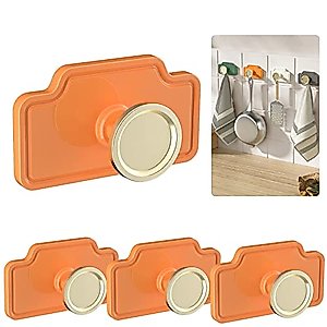 4Pack Adhesive Hooks Decorative Wall Door Heavy Duty Hooks for Hanging Hat Coats Clothes Hat Purse Keys, Waterprrof Bathroom Hooks Self Adhesive Hooks for Kitchen Towel (Orange)