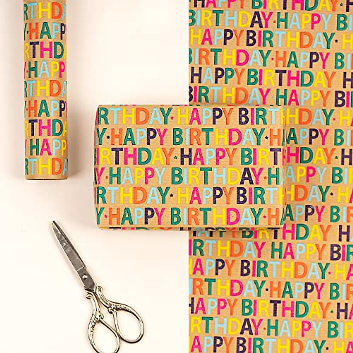 RUSPEPA Kraft Wrapping Paper Roll - Colorful Happy Birthday Pattern Great for Birthday, Party, Baby Shower - 17.5 Inches X 32.8 Feet