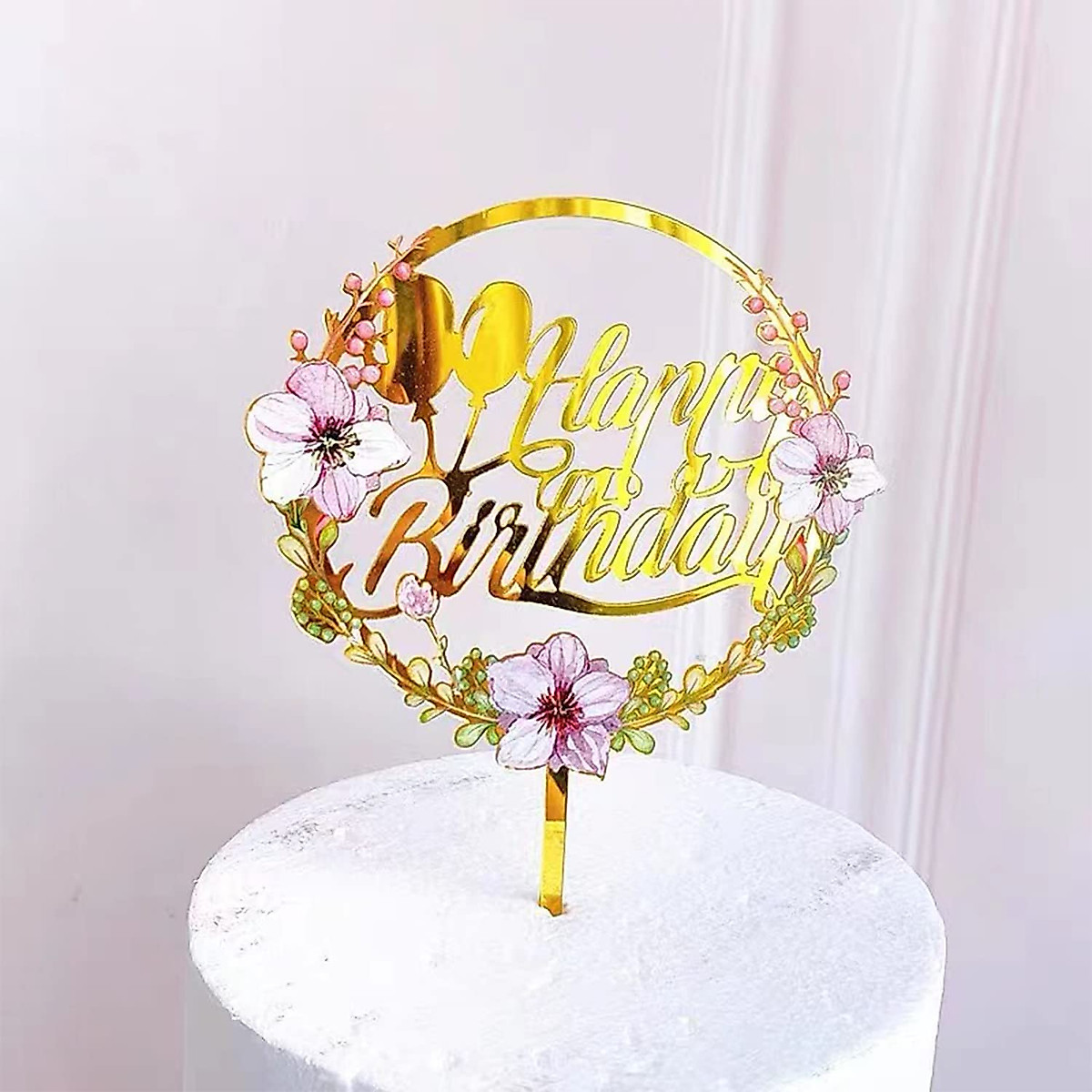 Zilphoba 12pcs Happy Birthday Cake Toppers, Flower Acrylic Gold Birthday Party Cupcake Decorations