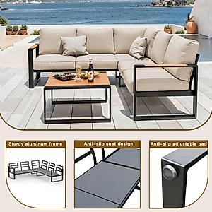 YOEEMZ Aluminum Patio Furniture Set, All-Weather Outdoor Couch Sectional, L Shaped Patio Conversation Sets, Metal Corner Sofa with Teak Tabletop Coffee Table, Beige