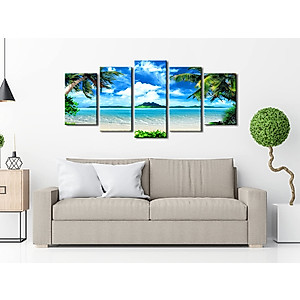 Pyradecor Modern 5 Panels Blue Sea Beach Pictures Paintings on Canvas Wall Art Stretched Contemporary Landscape Ocean Canvas Prints Artwork for Bedroom Home Decorations