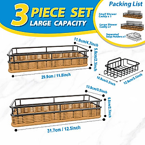 Getsrichfc Shower Caddy, 3 Pack Rustproof Stainless Steel, Weave Rattan, Adhesive Organizer, Large Capacity, Bathroom Storage, Black