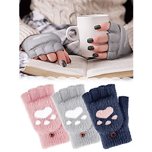 Bencailor 3 Pairs Winter Fingerless Gloves Warm Convertible Mittens Flap Cover Cat Paw Gloves for Women Cold Weather Cosplay (Light Gray, Pink, Navy Blue)