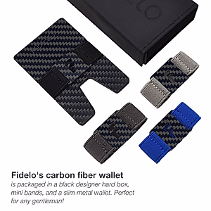 Fidelo Minimalist Wallet For Men - Slim RFID Blocking Mens Wallets Credit Card Holder. 3K Carbon Fiber. Compact Wallet Comes With 4 Cash Bands (Black, Dark Grey, Light Grey & Blue) - Prestige