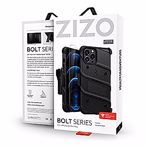 ZIZO Bolt Series for iPhone 12 Pro Max Case with Screen Protector Kickstand Holster Lanyard - Black
