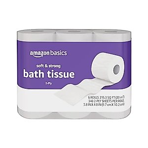 Amazon Basics Soft and Strong 2-Ply Toilet Paper, 6 Ultra Rolls = 24 Regular Rolls, Unscented, 340 Sheet (6 Rolls)