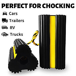 ROBLOCK Heavy Duty Wheel Chocks, Rubber Wheel Block Non-Slip Base with Nylon Rope Yellow Reflective Tape - 1 Pair Black, Wheel Stoppers for Travel Trailers, RV, Aircraft, Car, Camper, Truck