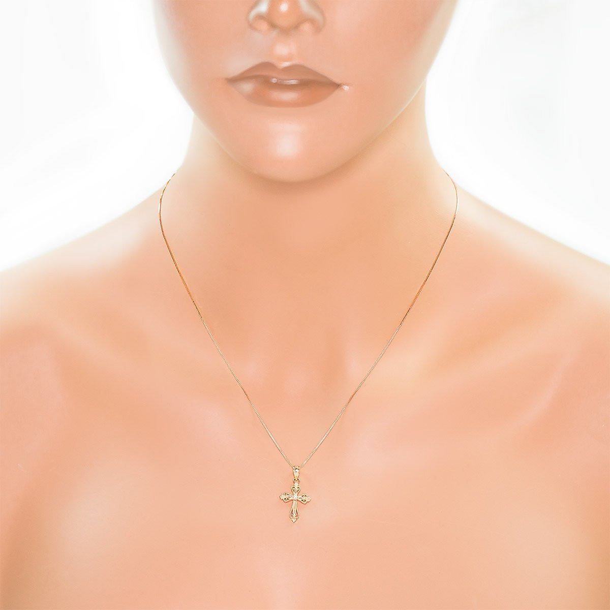 Honolulu Jewelry Company 14K Rose Gold Cross Necklace Pendant with Diamond and 18" Box Chain