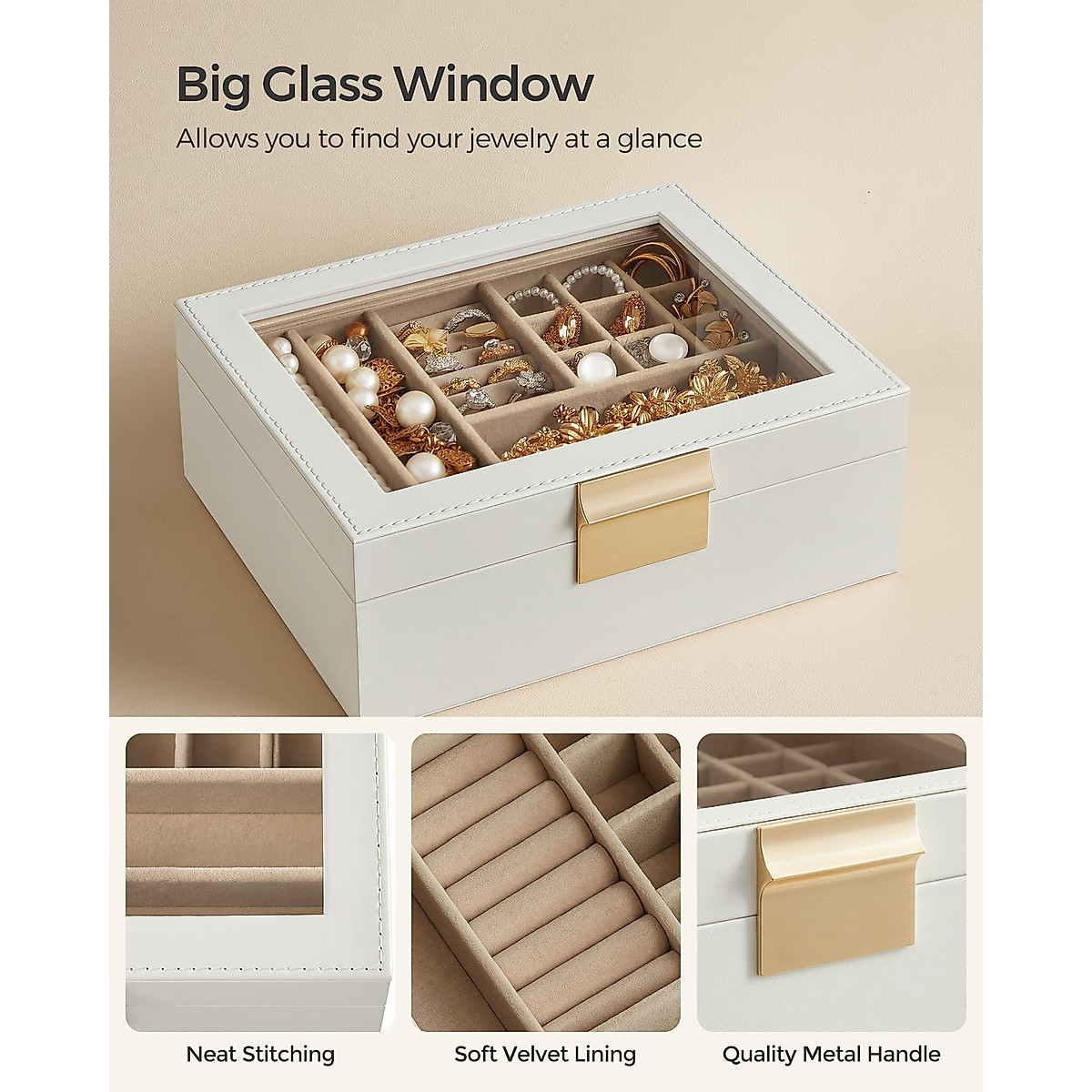 SONGMICS Jewelry Box with Glass Lid, 2-Layer Jewelry Organizer with Removable Tray, Jewelry Storage, Modern Style, Gift for Loved Ones, Cloud White and Metallic Gold UJBC238W01
