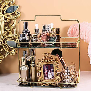 Simmer Stone Makeup Organizer Shelf, 2 Tier Cosmetic Storage Basket with Removable Glass Tray, Wire Vanity Organizer Rack for Dresser, Countertop, Bathroom and More, Gold