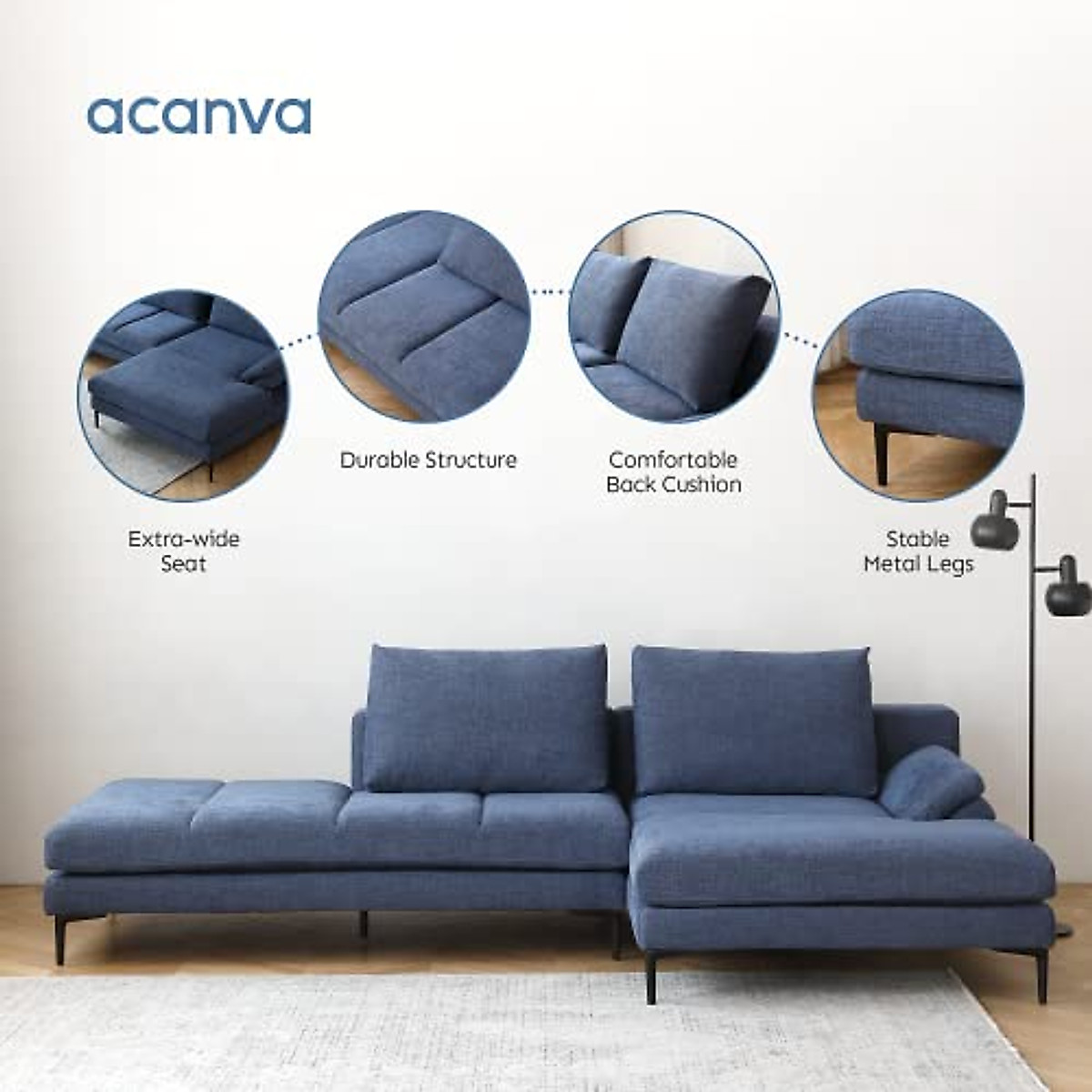 Acanva Luxury L-Shaped Corner Sectional Sofa Bed, Extra Wide Comfy 2-Piece Couch with Chaise, Adjustable Armrest, Right Hand Facing Seating, Jewelry Blue
