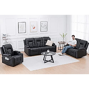 COMHOMA Recline Chair Set，Furniture 3PC Bonded Leather Recliner Set Living Room Set, Sofa with massger(Black, 3+2+1)