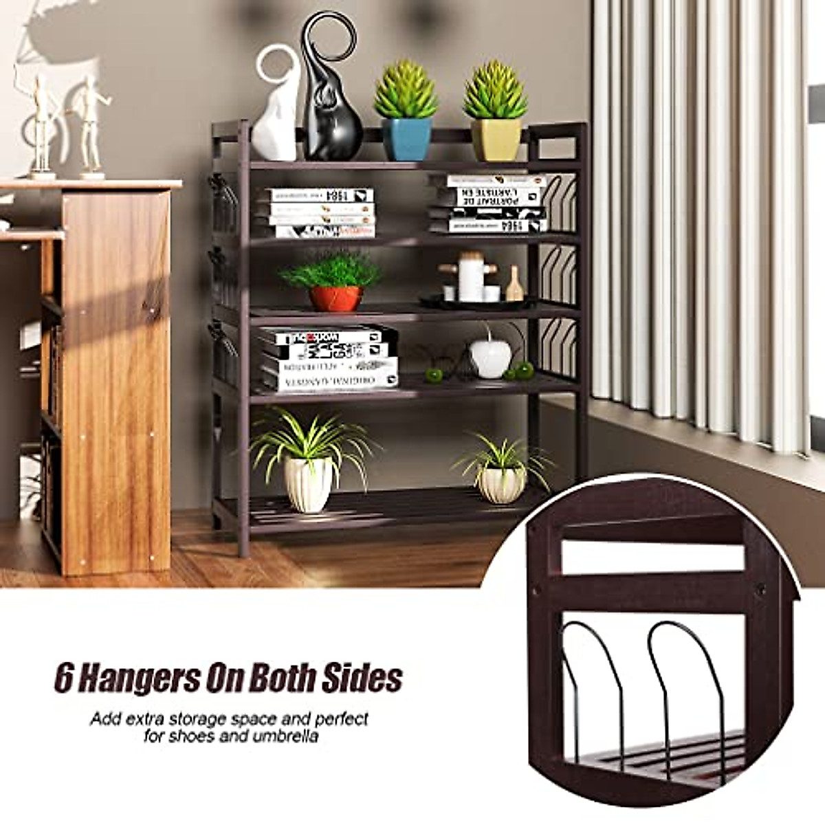 Bamboo Shoe Rack,Sundries Rack Kitchen Shelf 5 Tier Wooden Shoe Shelf Storage Organizer with Additional Hangers,Perfect for Entryway,Hallway, Bathroom Closet or Living Room (Brown)
