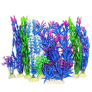 Otterly Pets Plastic Plants for Fish Tank Decorations Large Artificial Aquarium Decor and Accessories (Blue and Purple 8-Pack)