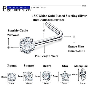 MILACOLATO 8Pcs 20G Sterling Silver Nose Rings Studs for Women Men Star Marquise Heart Square Round Shaped CZ Nose Stud L Shape Nose Ring Body Piercing Jewelry