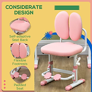 Qaba Ergonomic Kids Desk Chair with Thick Cushioning & Height Adjustment, Kids Computer Chair with Footrest, Childrens Chair, Kids Office Chair & Study Chair, Pink