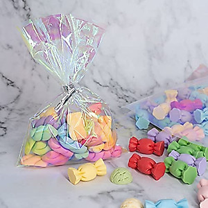 100pcs Cellophane Treat Bags, 4"x6" Iridescent Holographic Goodie Bags, Candy Bags Party Favors Bags with Twist Ties for Birthday Wedding Halloween Christmas, Valentines (4 x 6 inches (Pack of 100))