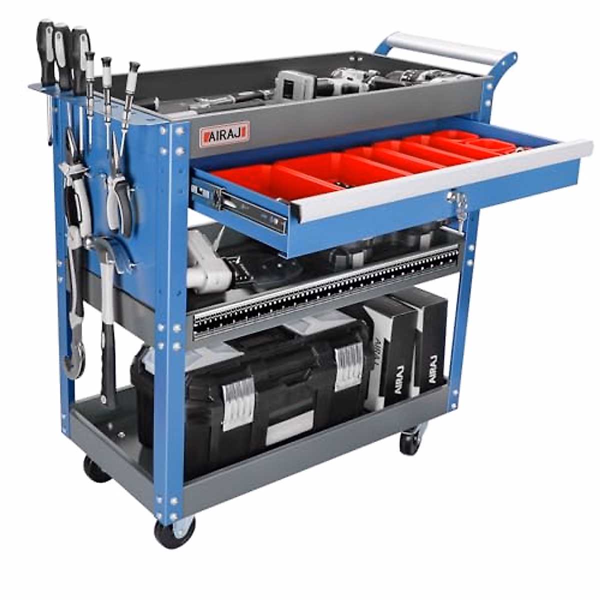 AIRAJ 3 Tier Rolling Tool Cart on Wheels,Metal Heavy Duty Mechanic Cart with Drawers and Pegboard,440 LBS Capacity Industrial Utility Cart,Tool Storage Cart for Garage,Warehouse,Blue-Black
