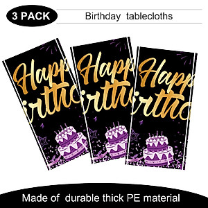 Breling 3 Pack Birthday Party Supplies Confetti Sprinkles Happy Birthday Tablecloths Starry Table Covers for Kids Adults Party Decorations, 54 x 108 Inches (Purple and Black)