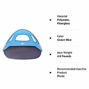 NXONE Beach Tent Sun Shade Shelter for 2-3 Person with UV Protection, Extended Floor, 3 Mesh Roll Up Windows & 8.0mm Fiberglass Rods丨Carry Bag Included (Ocean Blue)