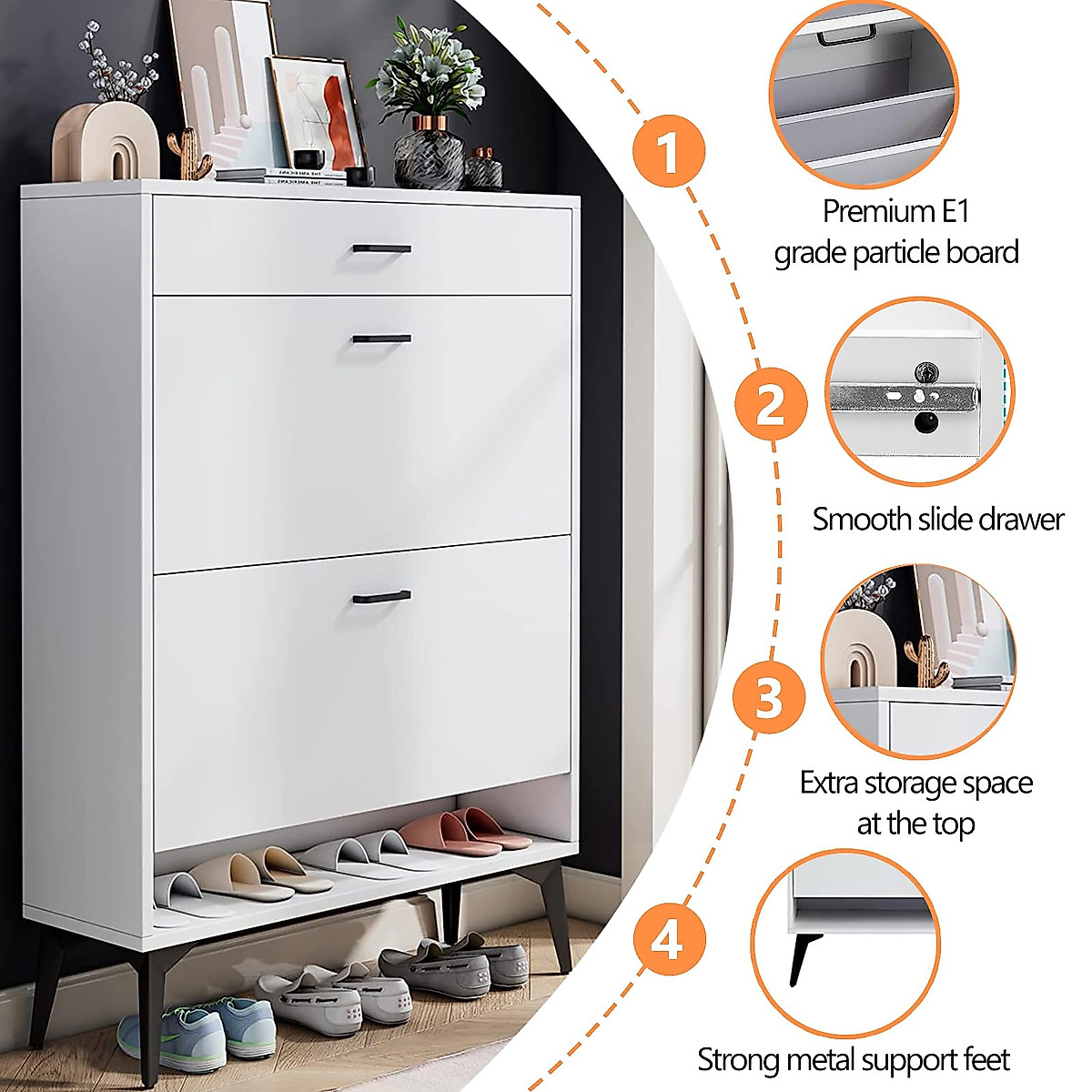 Hosnnile Shoe Cabinet with 1 Slide Drawer & 2 Flip Drawers, Freestanding Shoes Rack Storage Organizer with Metal Legs for Entryway Hallway Bedroom Mudroom (White)