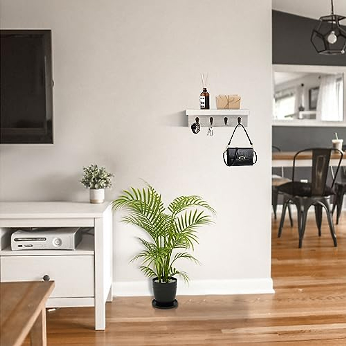 HRONRAD Rustic Key Holder for Wall, Farmhouse Wall Shelf with 4 Hooks, Wall Mounted Key Racks, Wooden Mail Organizer with Hooks for Entryway (White)