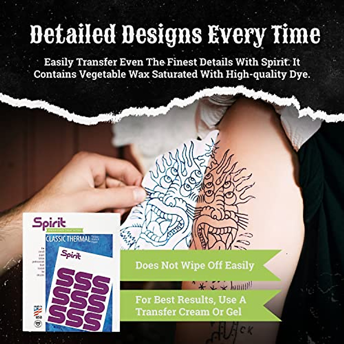 Spirit Tattoo Transfer Paper - A4-Size Stencil Paper for Tattooing - Certified Vegan and Easy Transfer Tattooing Transfer Paper with Vegetable Wax and High-Visibility Purple Dye (100 Count)