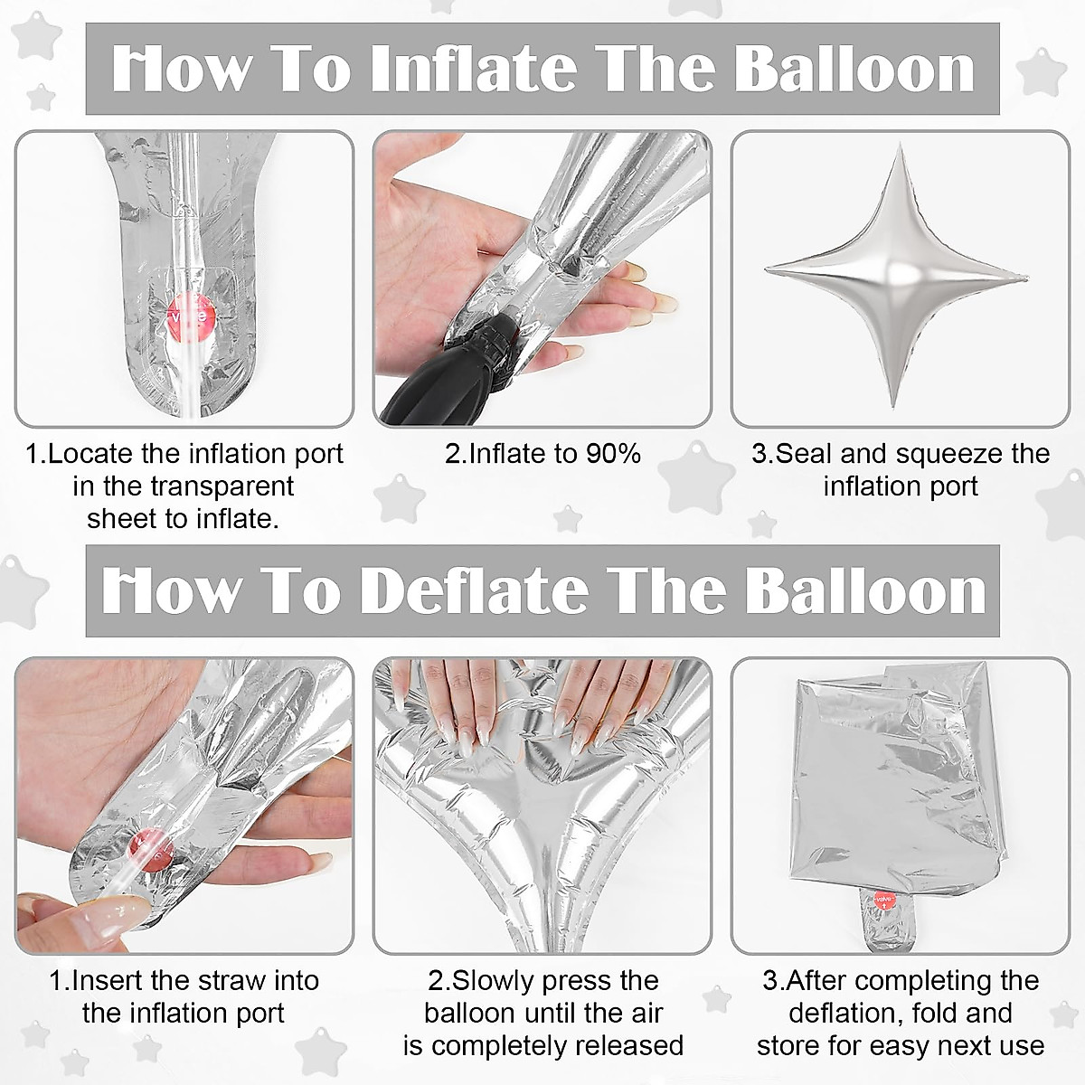 Silver Star Balloons,10Pcs Quadrangle Star Balloons,Four Angle Star Shaped Helium Mylar Balloons for Brithday,Engagement,Graduation,Wedding Party Decorations